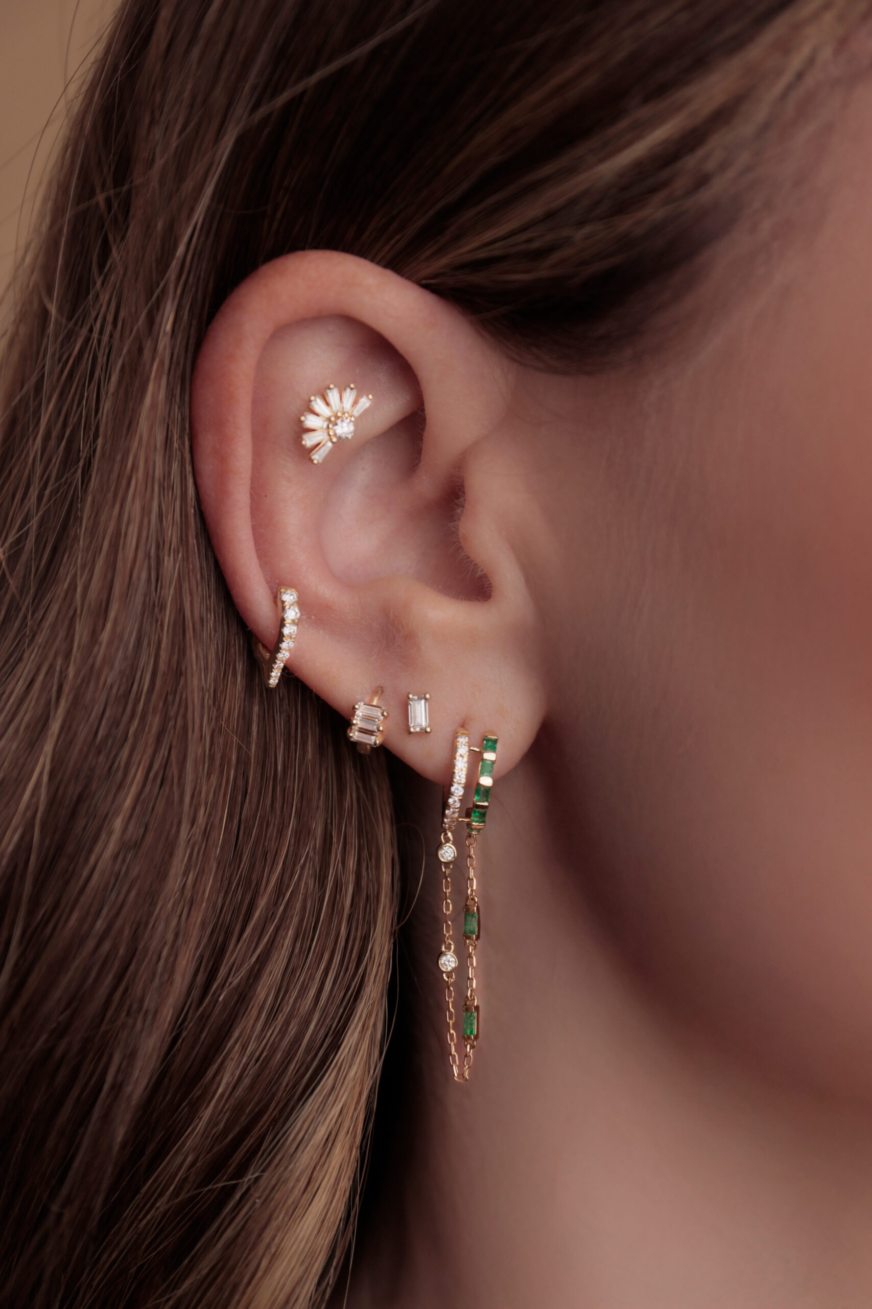 Two Hoop Combo Earring in Emeralds and Diamonds - Malka Jewelry